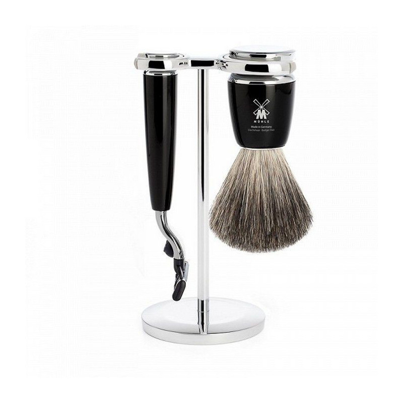 Set de Rasage 3 pièces Mühle en Résine Noire et Métal avec Rasoir Mach3